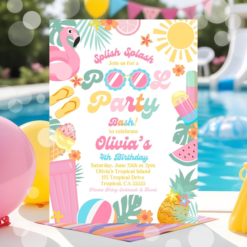 Editable Pastel Pool Party Welcome Sign Tropical Splish Splash Girly ...