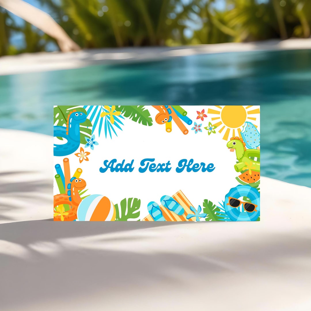 Editable Dinosaur Pool Party Folded Tent Cards Tropical Dinosaur Dino ...