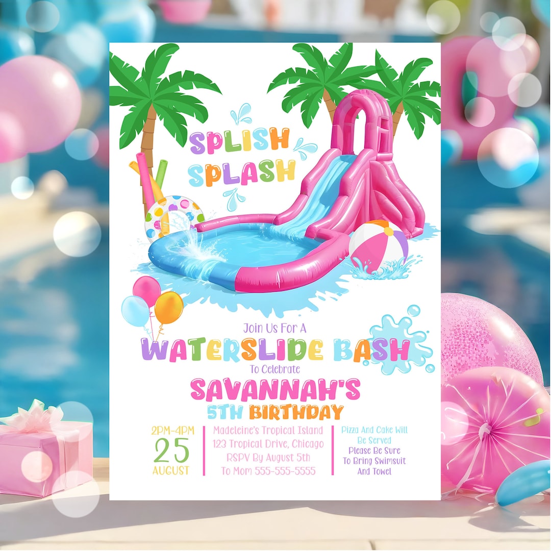 Editable Water Slide Birthday Splash Party Invitation Pink ANY AGE ...