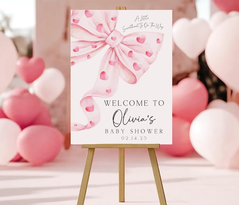 Editable Valentine Baby Shower Welcome Sign Pink Bow Hearts Baby Shower ...