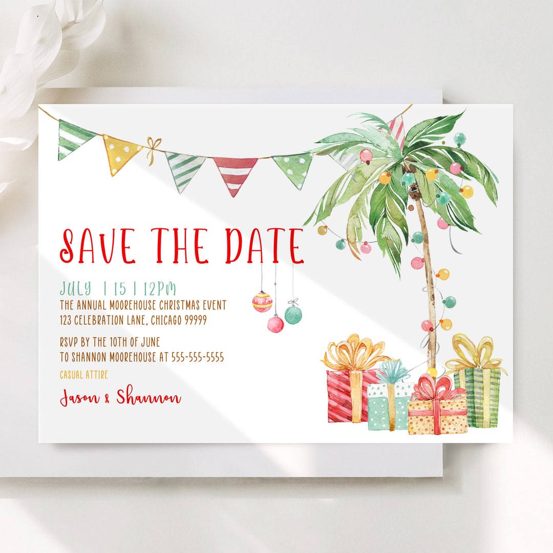 Christmas in July Save the Date Template Editable Palm Tree Tropical ...
