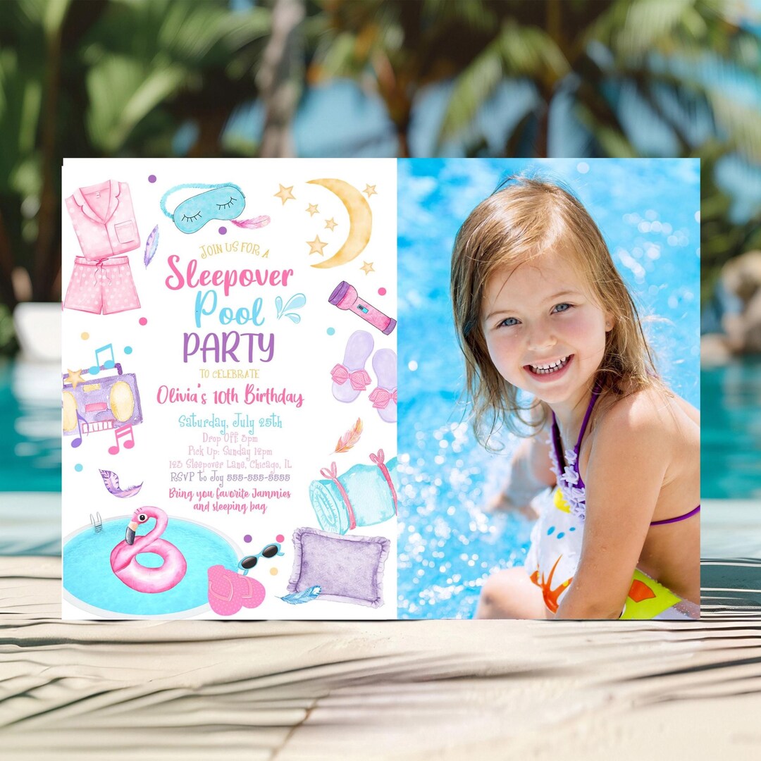 Sleepover Pool Party Birthday Photo Invitation Slumber Party Invite ...