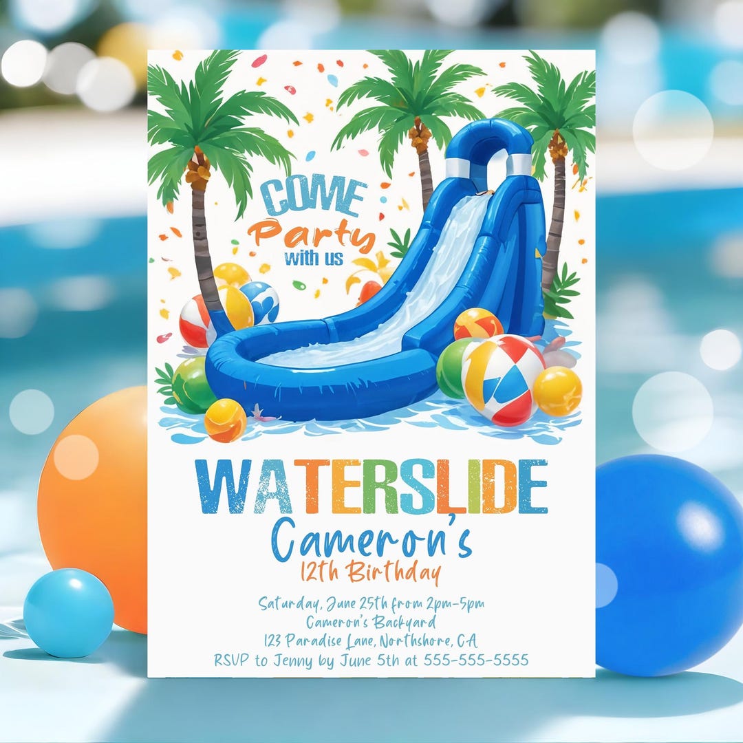 Boy Water Slide Birthday Party Invitation Template Editable Waterslide ...