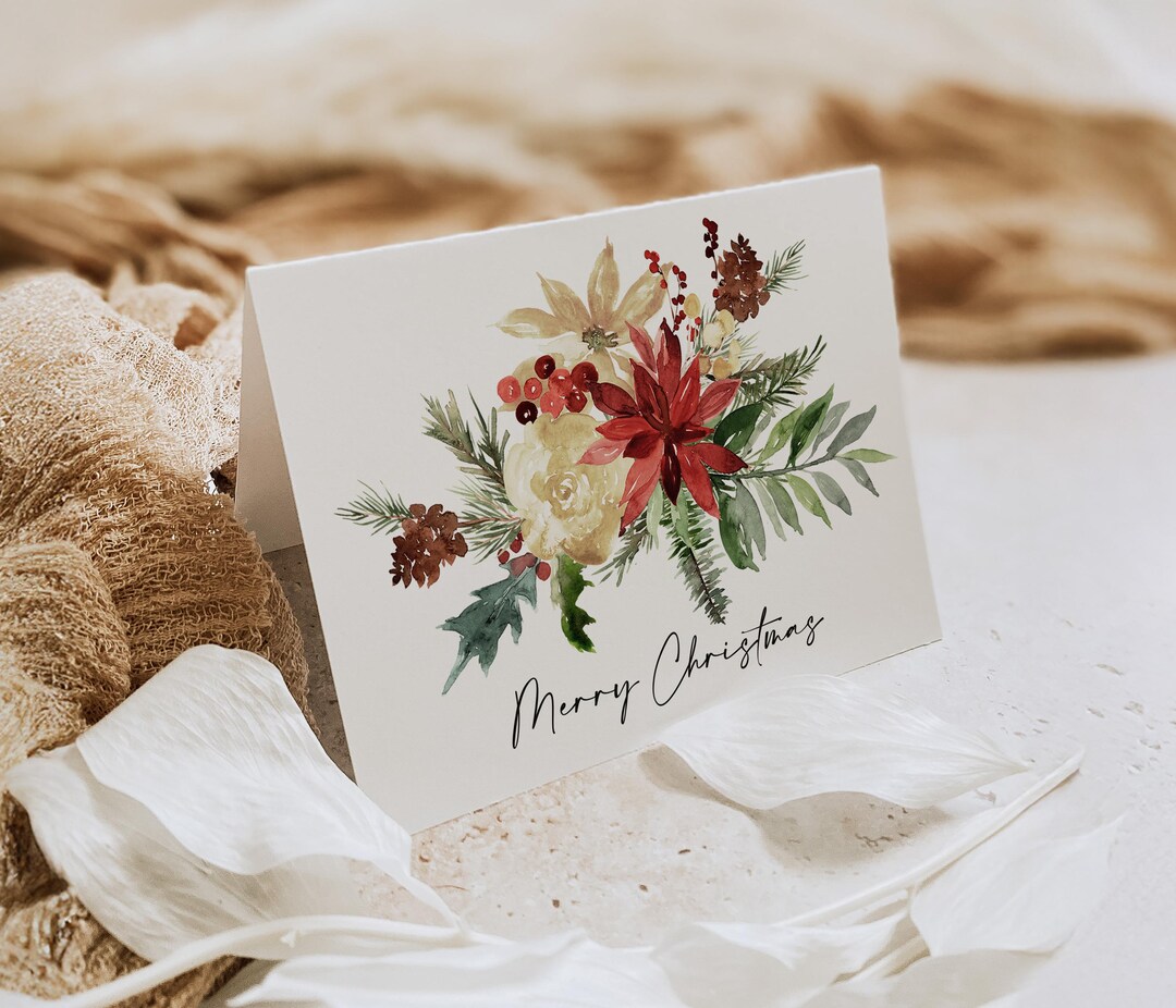 Editable Christmas Card Template Watercolor Poinsettia Holiday Card ...