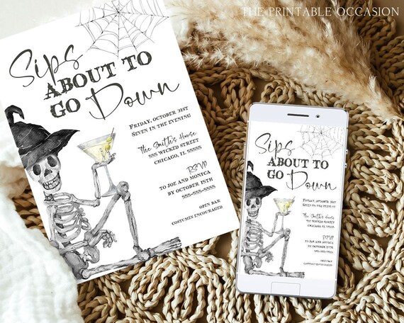 Adult Halloween Sips About To Go Down Invitation Adult Skeleton 