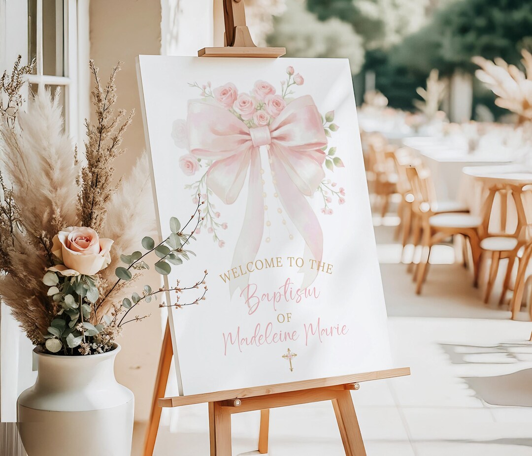 Pink Bow Baptism Welcome Sign Floral Coquette Bow Girl Christening ...