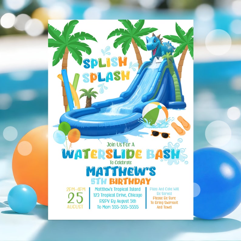 Dinosaur Water Slide Birthday Splash Party Invitation Template Blue ...