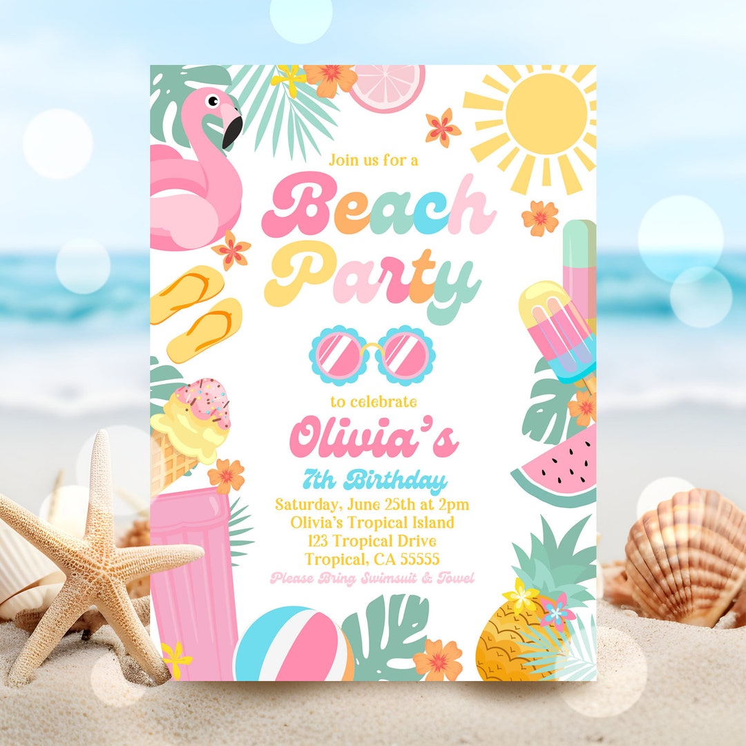 EDITABLE Beach Birthday Party Invitation Tropical Splish Splash Girly ...