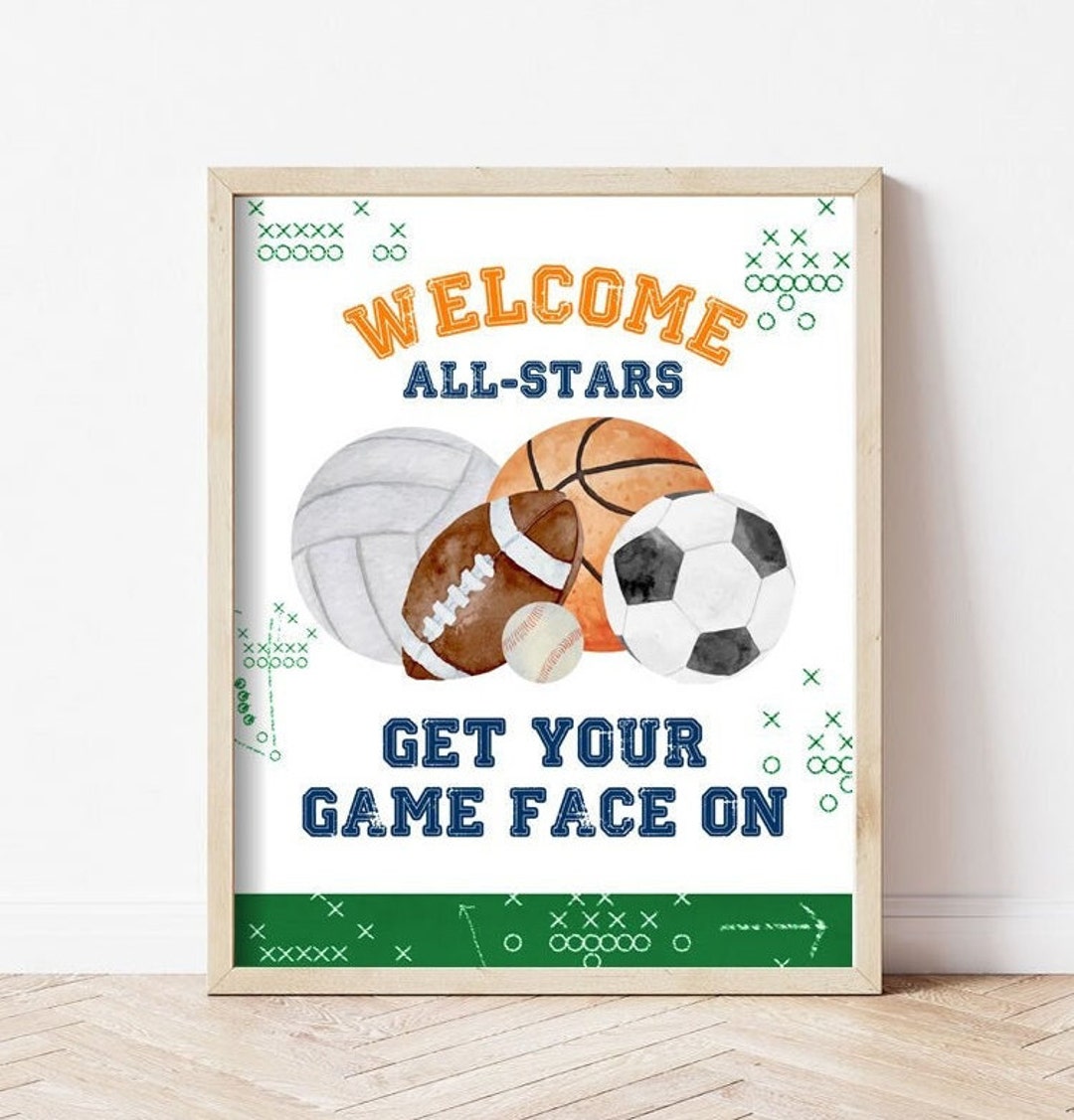 Sports Birthday Welcome Table Sign, All Sports Get Your Game Face on ...