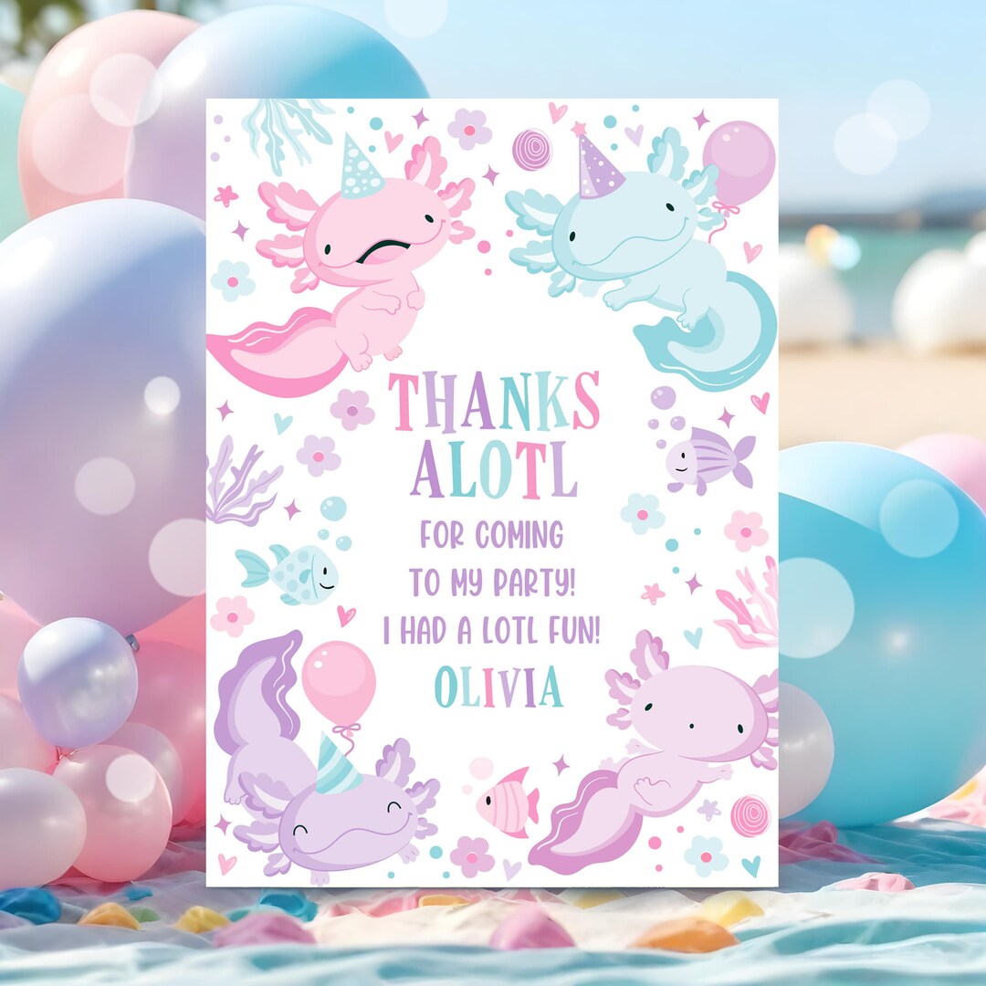 Editable Axolotl Thank You Card Axolotl Birthday Party Thank You Cute ...