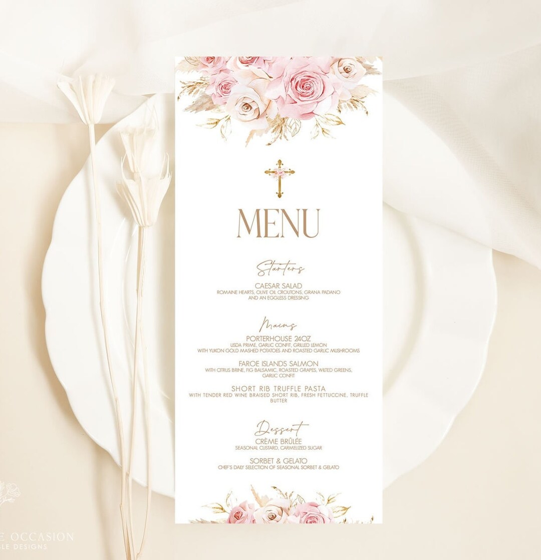 Editable Baptism Menu Card, Christening Menu Card, Printable Pink Boho ...