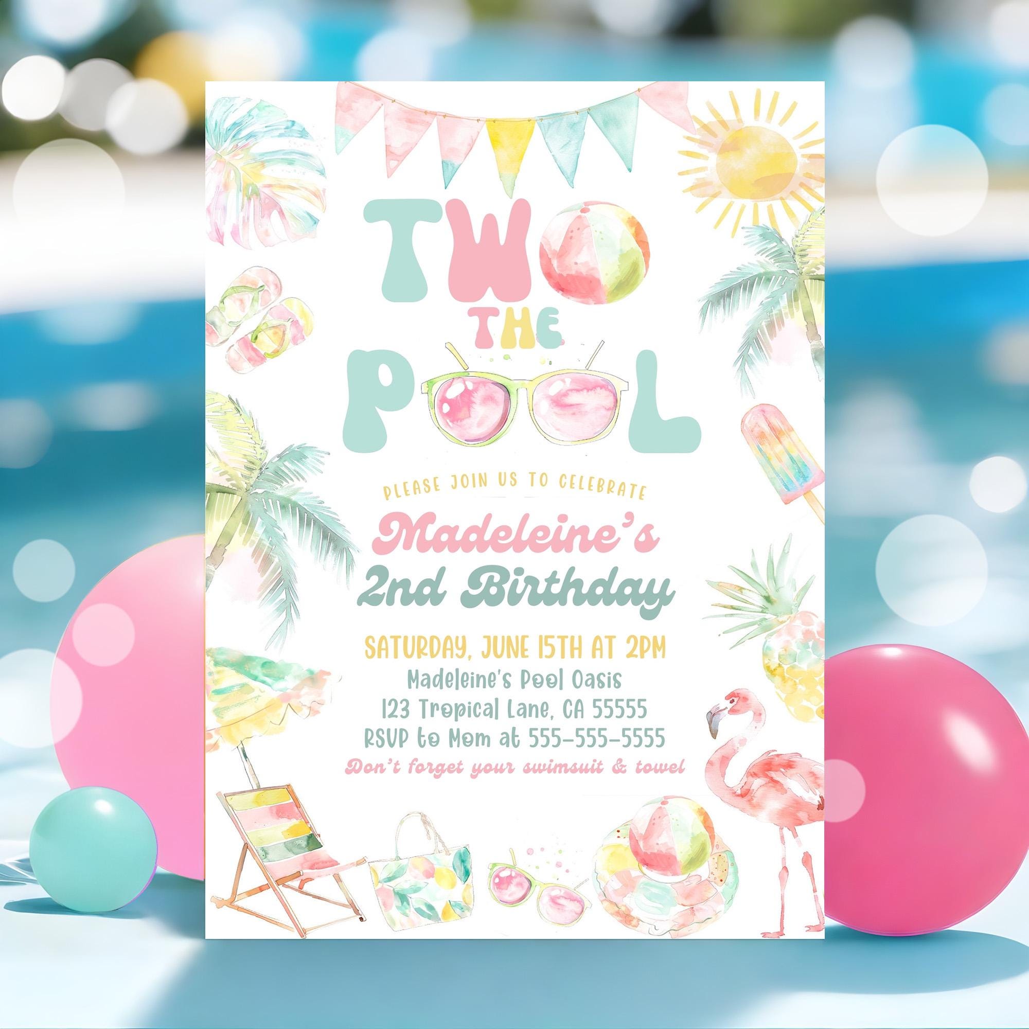 Editable Two the Pool 2nd Birthday Pool Party Invitation Girl Pink Mint ...