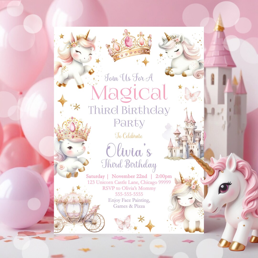 Editable Unicorn Birthday Invitation Magical Pastel Rainbow Unicorn ...