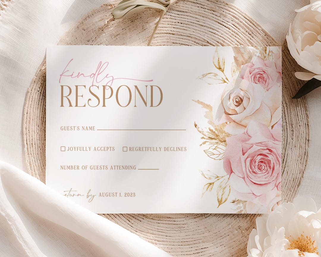 Pink Floral Pampas Grass Baptism RSVP Card Editable Christening ...