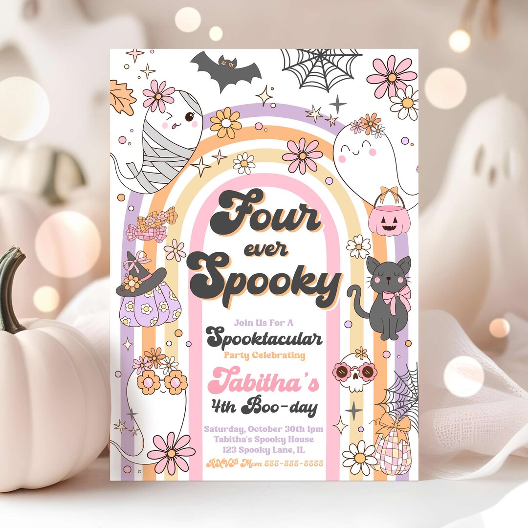 Editable Four Ever Spooky Halloween Ghost 4th Birthday Invitation Retro ...