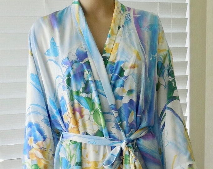 FLORAL House Robe NATORI Womens Kimono Robe Blue Floral Dressing Robe ...