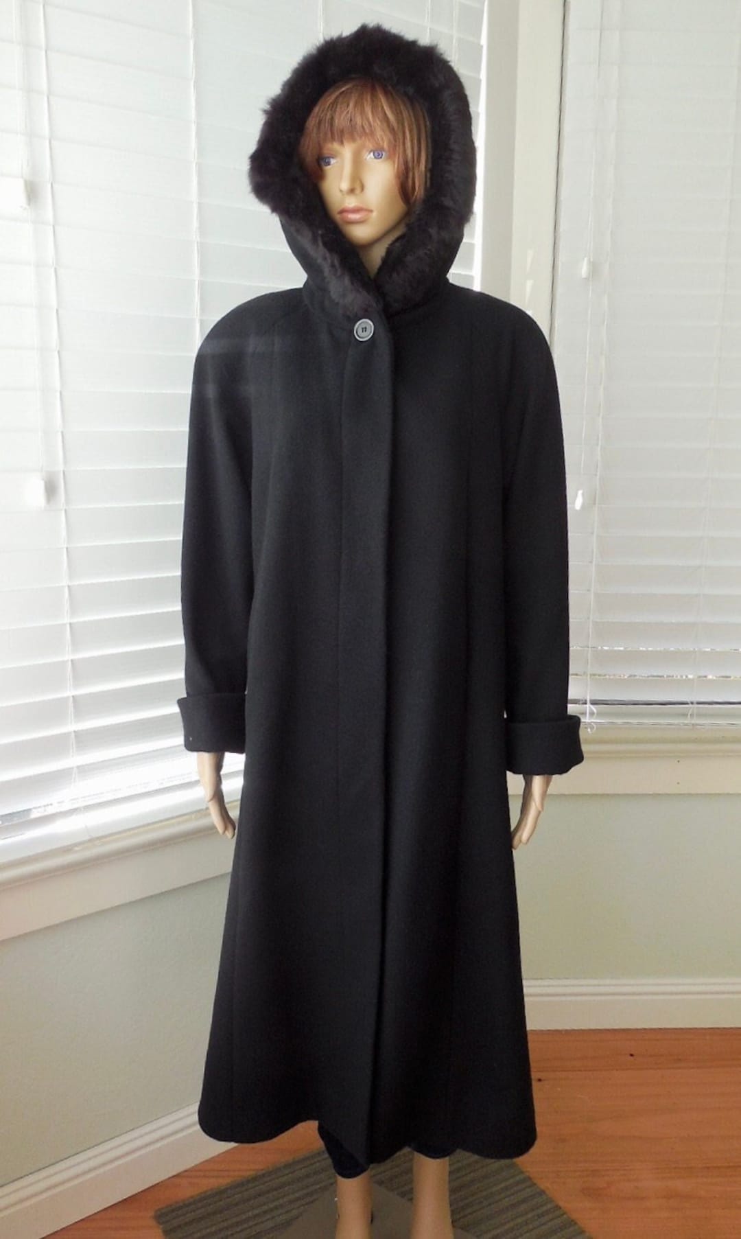 70s WOOL Overcoat WORTHINGTON Womens Rabbit Fur Trim Coat Hooded Winter ...
