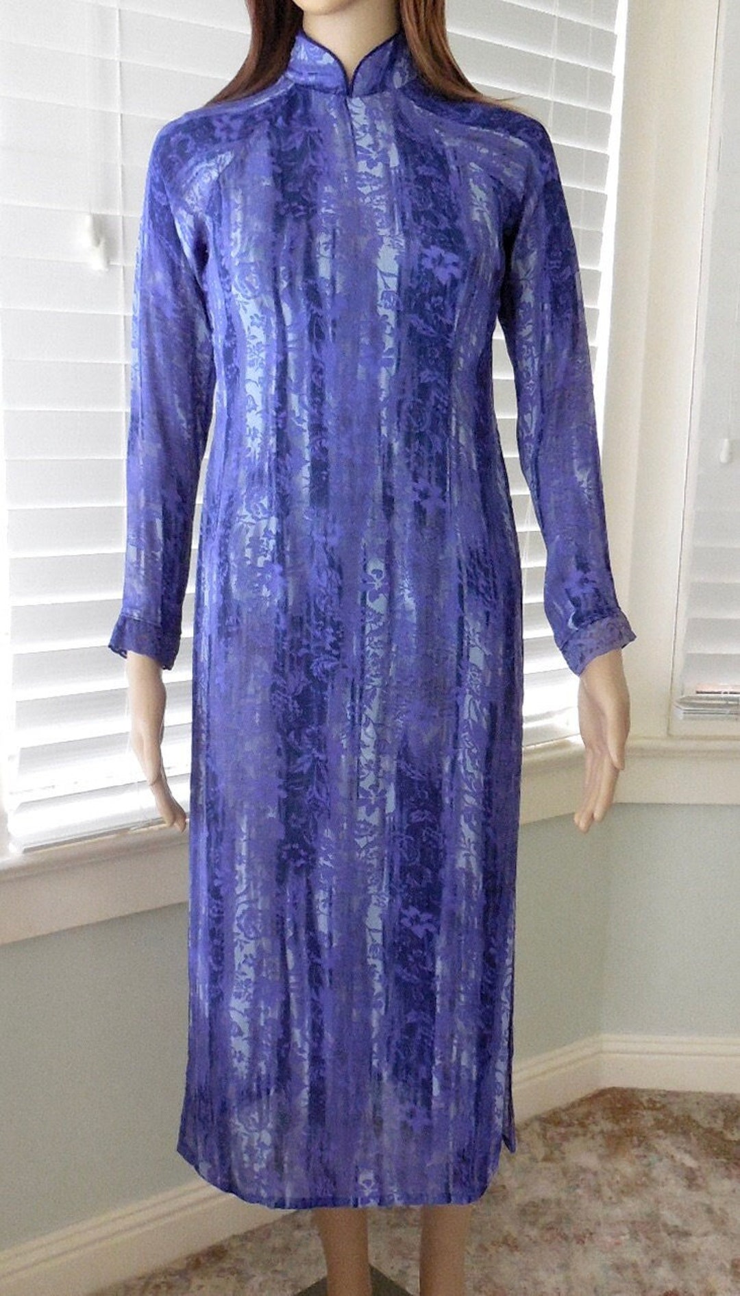 PURPLE Silk Chinese CHEONGSAM Qipao Semi Sheer Silk Cheongsam Tea Gown ...