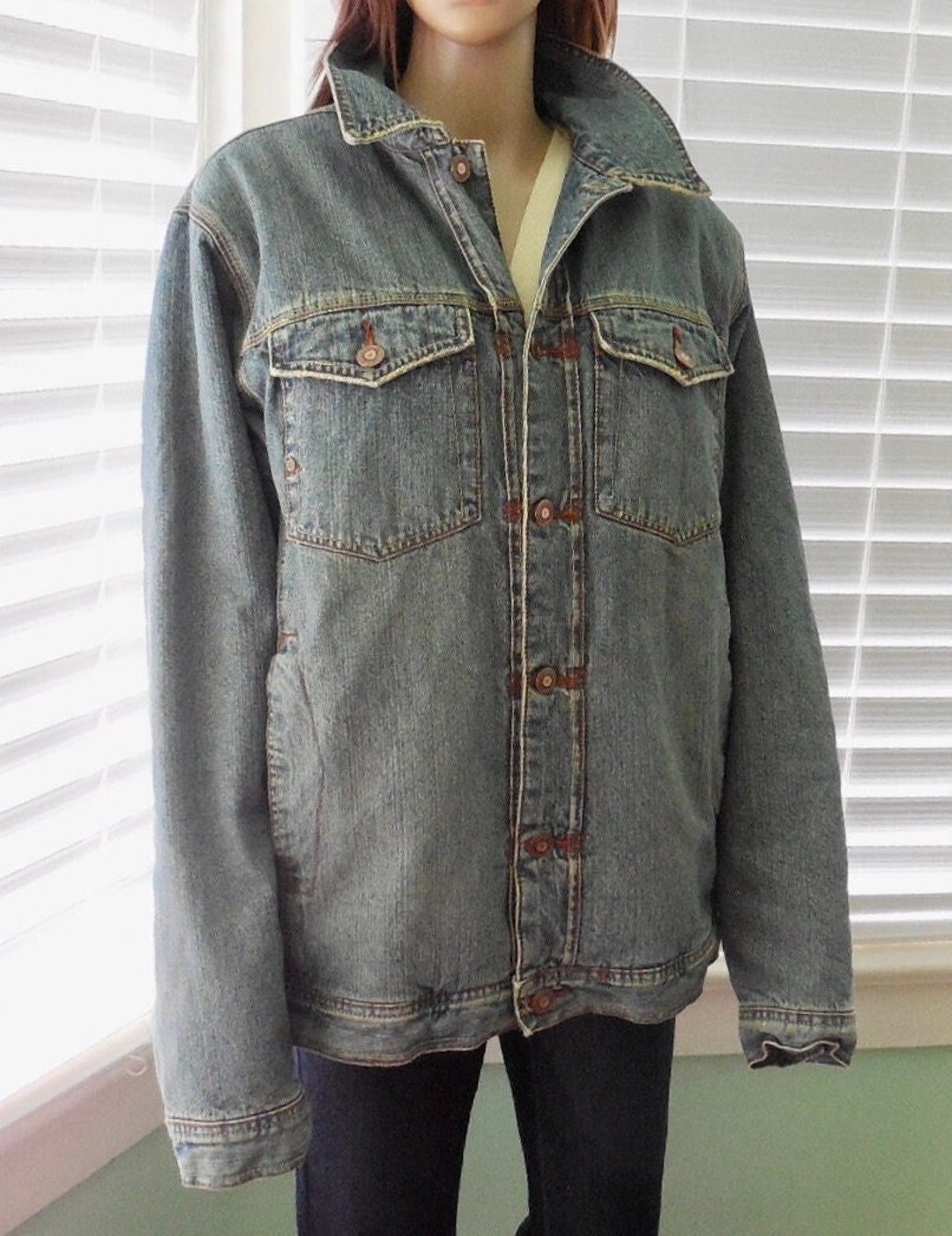 Mens DENIM Barn Jacket OKLEY 80s Fleece Lined Blue Jean Jacket Western ...
