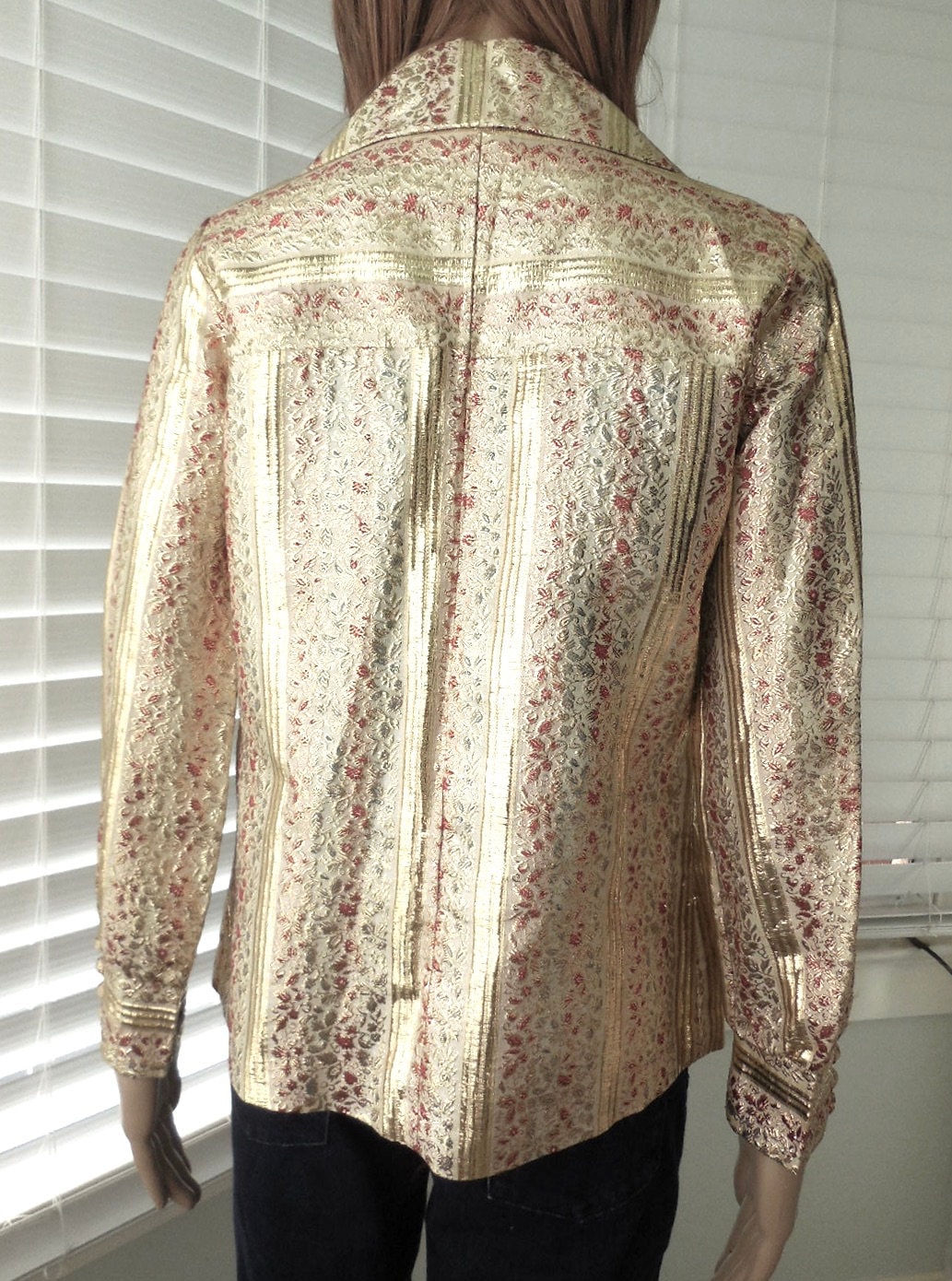 60s GOLD METALLIC Jacket Open Front Cocktail Jacket Mid Century Floral ...