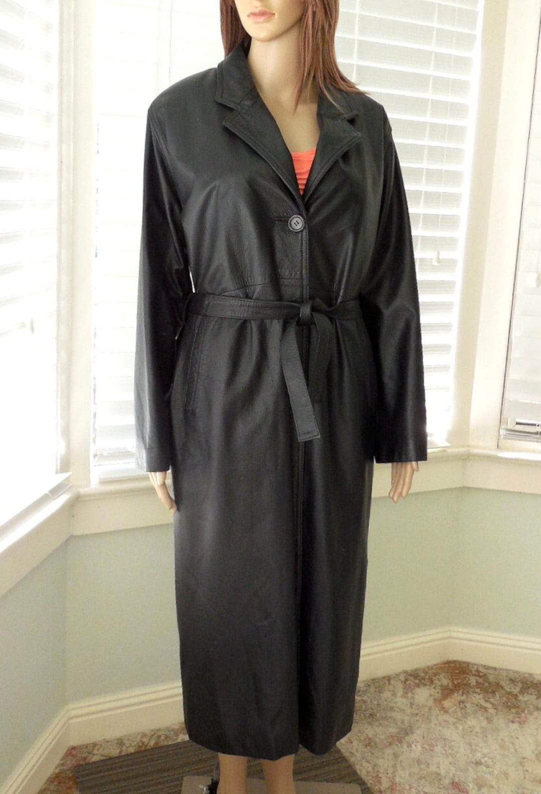 Womens LONG LEATHER Coat 80s Black Leather Overcoat Belted Leather Coat ...