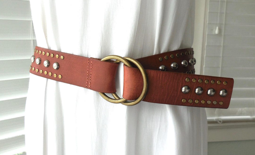STUDDED LEATHER Cinch Belt Wide Leather Belt Waist Belt Double Brass O ...