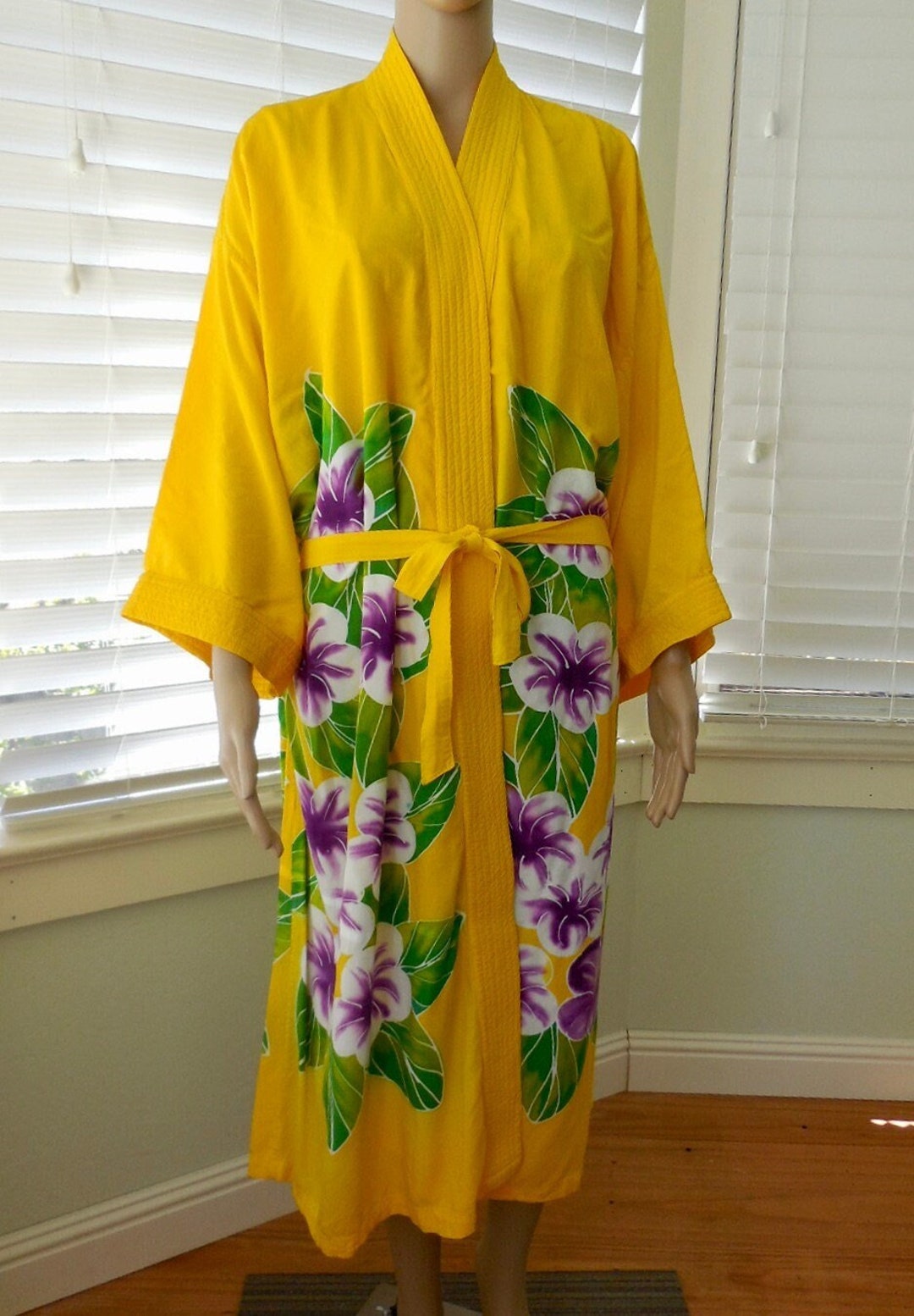 Yellow KIMONO ROBE Floral Batik Kimono Bright Yellow Robe Dressing Gown ...
