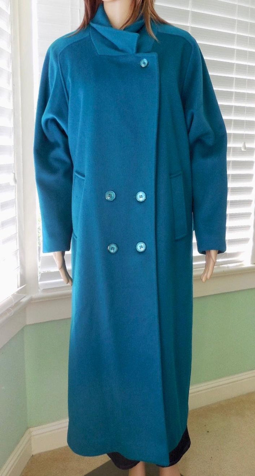 Vintage WOOL Coat Women's FORSTMANN Teal Blue Coat Double Button Full ...