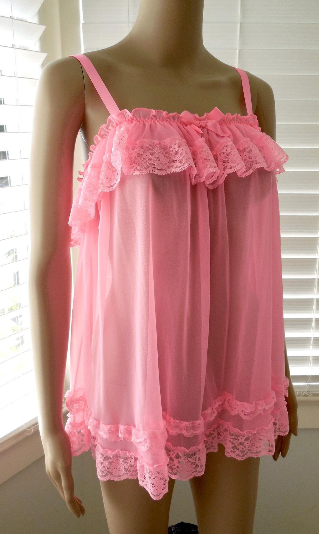 VICTORIA'S SECRET Babydoll Nightie Bubblegum Pink Nylon Chiffon Frilly ...