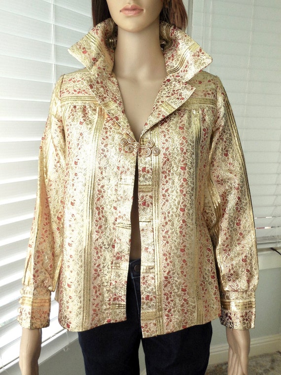 60s GOLD METALLIC Cocktail Jacket Open Front Mid Cent… - Gem