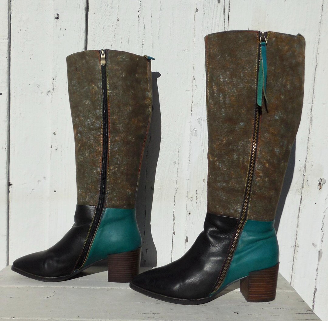 TWO TONE Leather Boots Knee High Boots L' ARTISTE Leather N Canvas ...