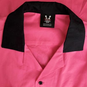 Womens Pink BOWLING SHIRT Bubblegum Pink Short Sleeve Black Trim Button ...