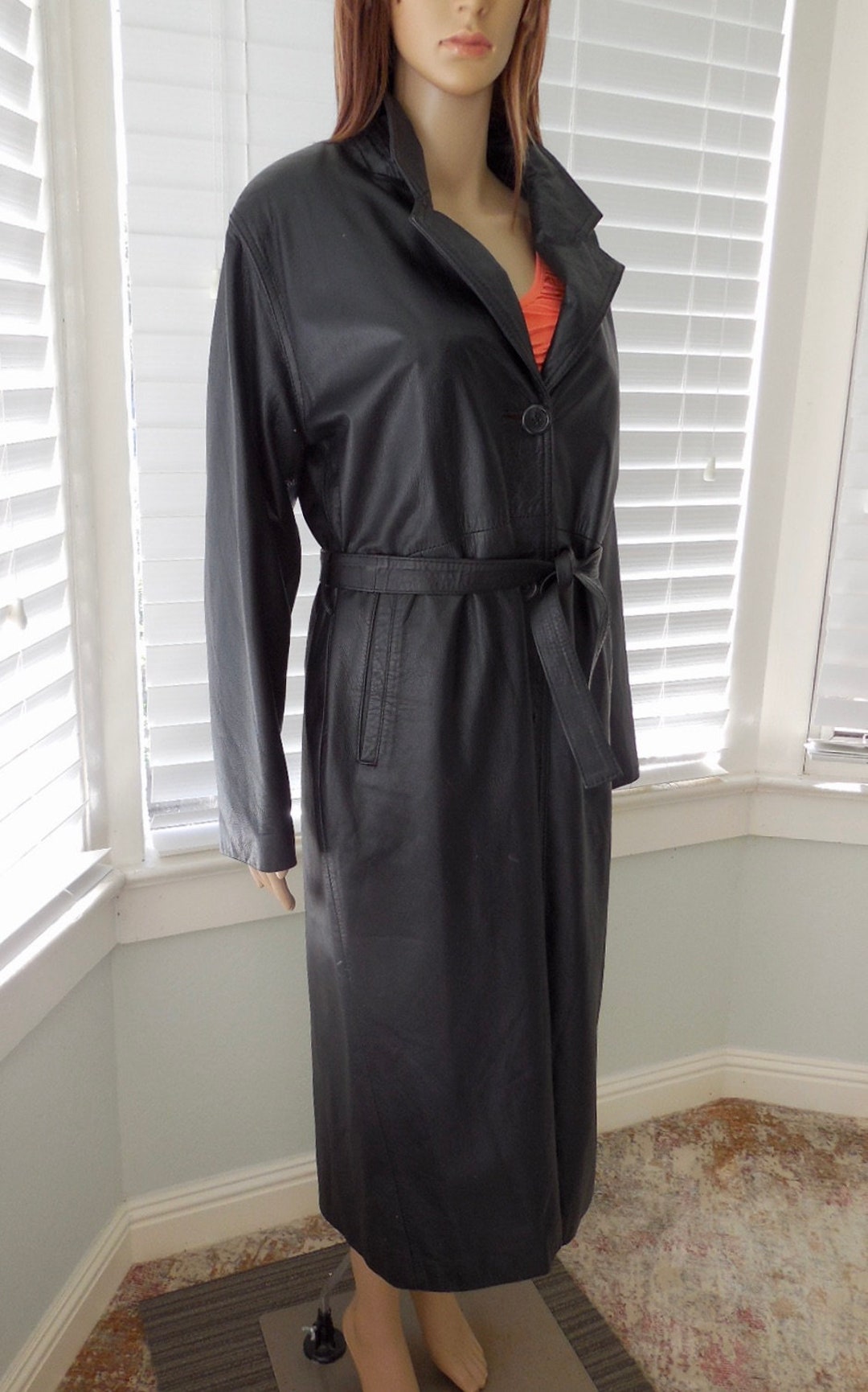BLACK LEATHER Spy Coat Full Length Trench Coat Belted Leather Coat ...