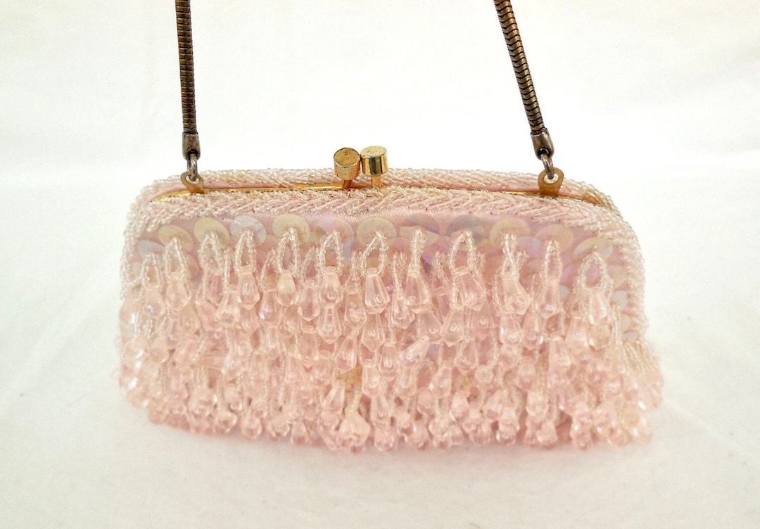 50s BEADED Clutch BRITISH Crown Colony Flapper Bag Vintage Pink Beaded ...