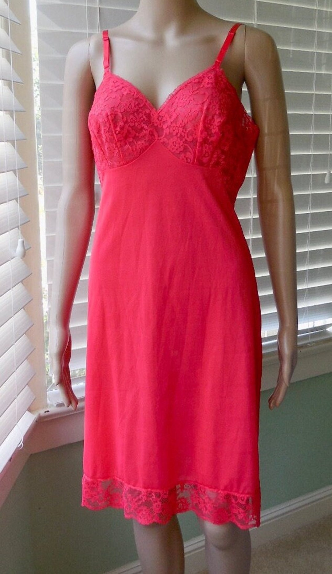 60's RED Slip VANITY FAIR Red Nylon Slip Dress Slip Lace Overlay Bodice ...