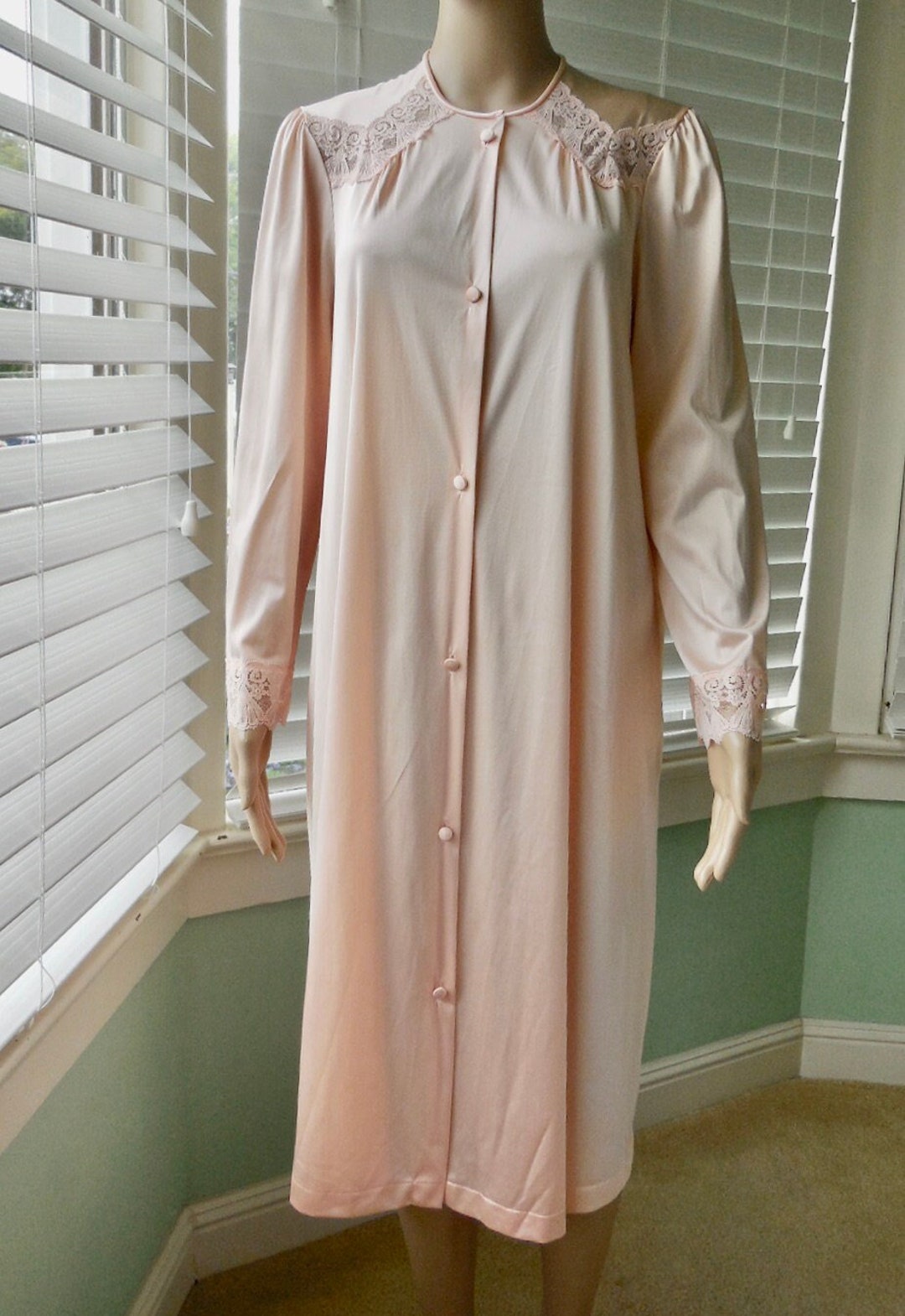 60's NYLON Housecoat VANITY FAIR Vintage Nylon Robe Button up Lace Trim ...