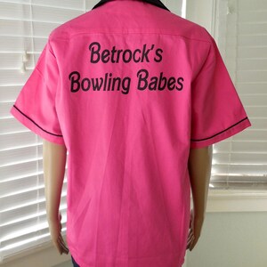 Womens Pink BOWLING SHIRT Bubblegum Pink Short Sleeve Black Trim Button ...