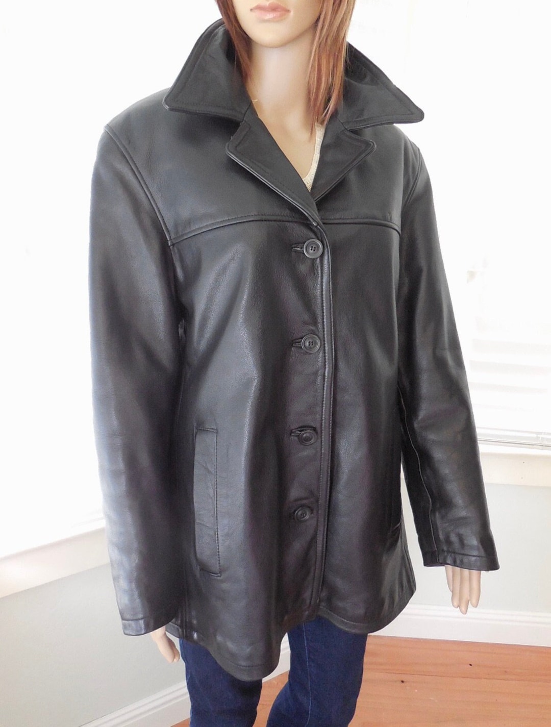 BLACK LEATHER Jacket Womens Leather Coat 4 Button Leather Coat Removable Quilt Lining Leather ...