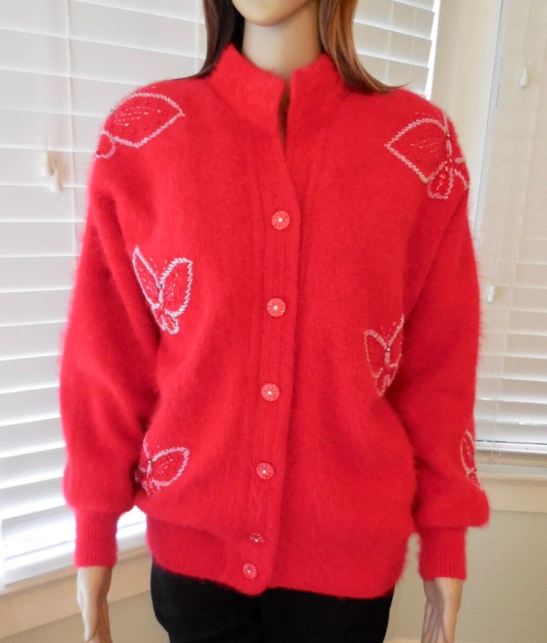 80s Hand Beaded ANGORA SWEATER Red Angora Rabbit Fur Cardigan White ...