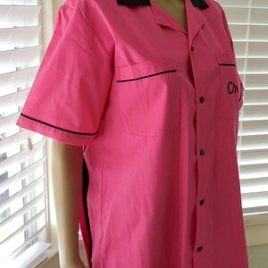 Womens Pink BOWLING SHIRT Bubblegum Pink Short Sleeve Black Trim Button ...