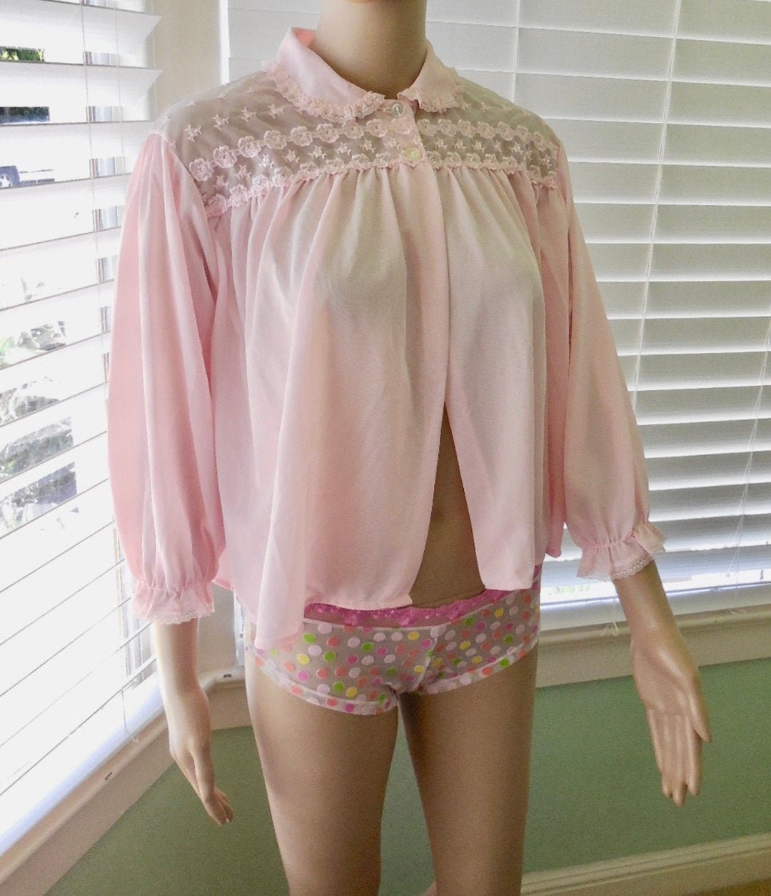 Vintage Nylon BED Jacket PHIL MAID 60s Nylon Bed Jacket Short Pink Sheer Chiffon Trim Rockabilly ...