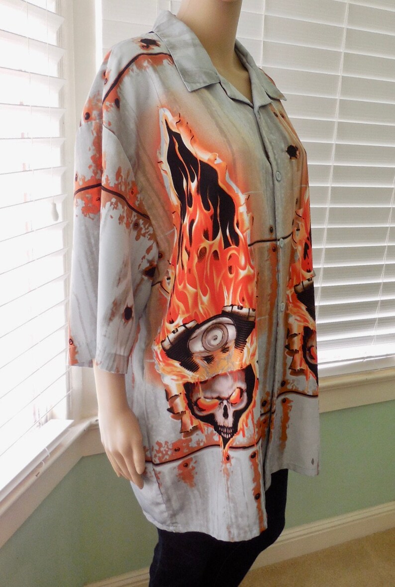 90s SKULL Button up Y2K Flaming Skull Shirt Atomic Button up | Etsy