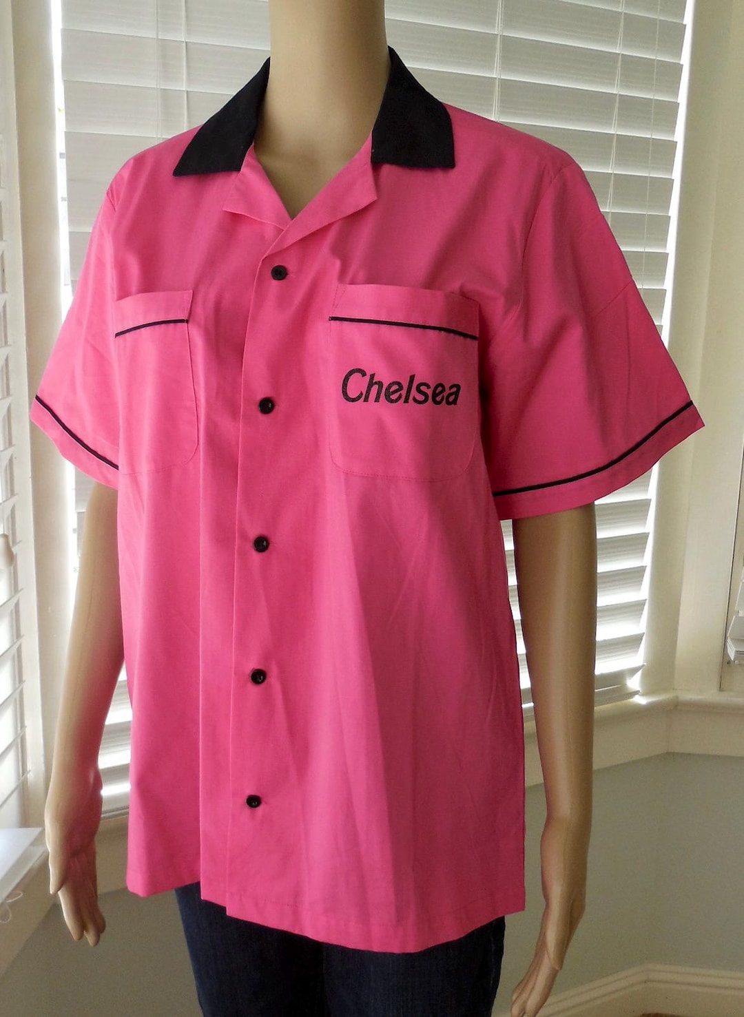 Womens Pink BOWLING SHIRT Bubblegum Pink Short Sleeve Black Trim Button ...