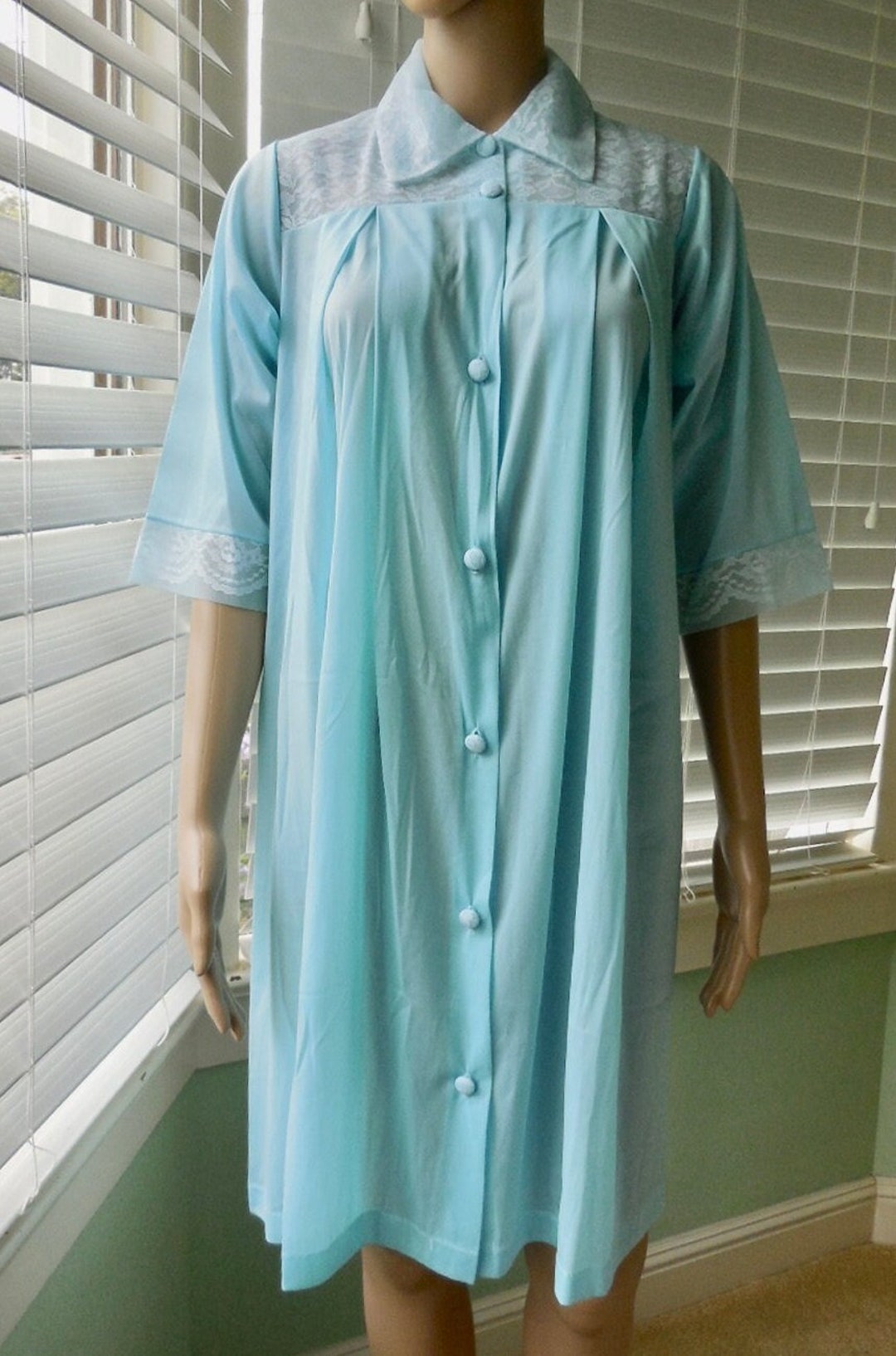 60s NYLON Housecoat HENSON KICKERNICK Sky Blue Button up Robe Sheer ...
