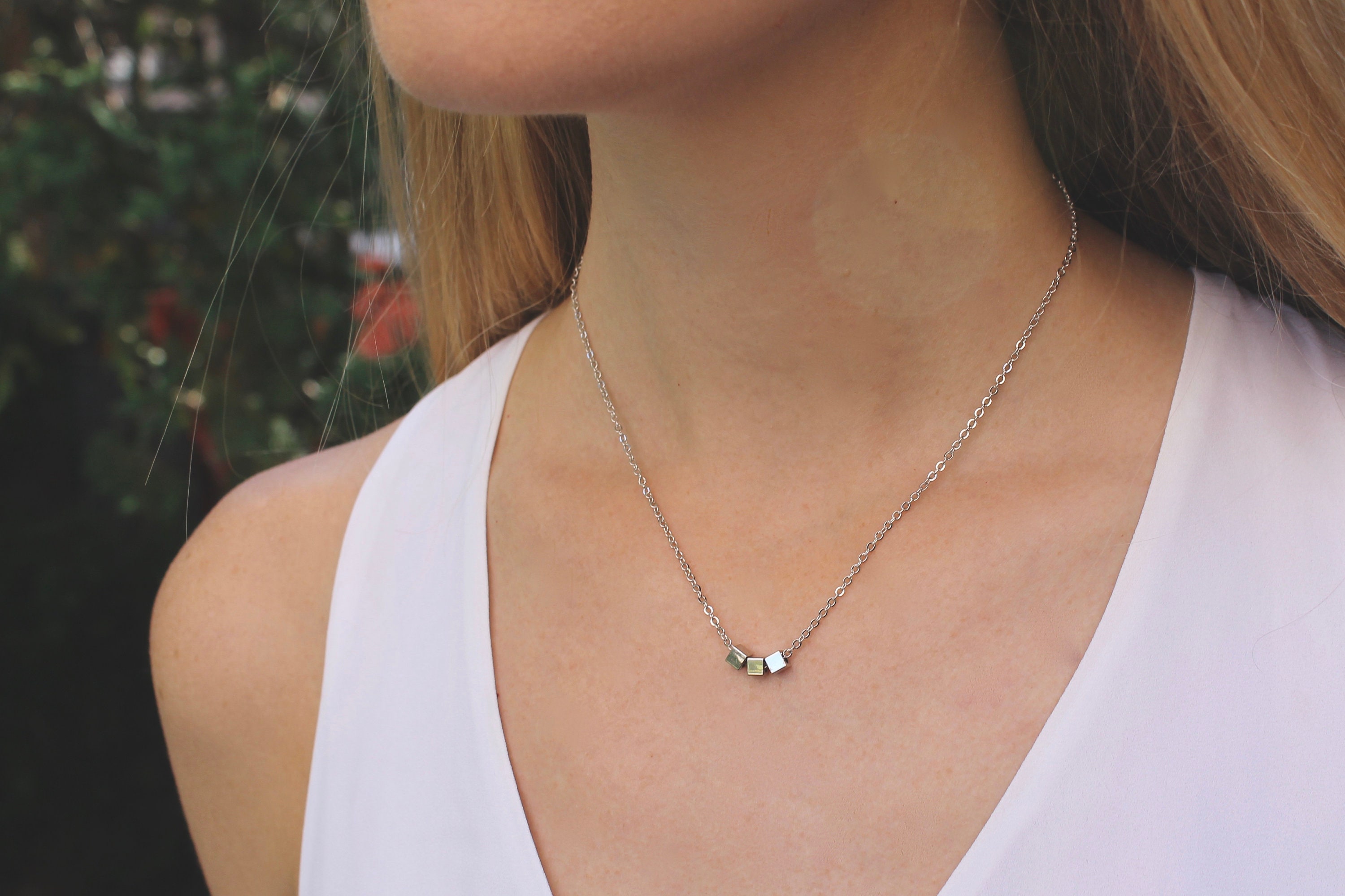 Simple Block Necklace // Silver Square Bead Necklace // Dainty | Etsy