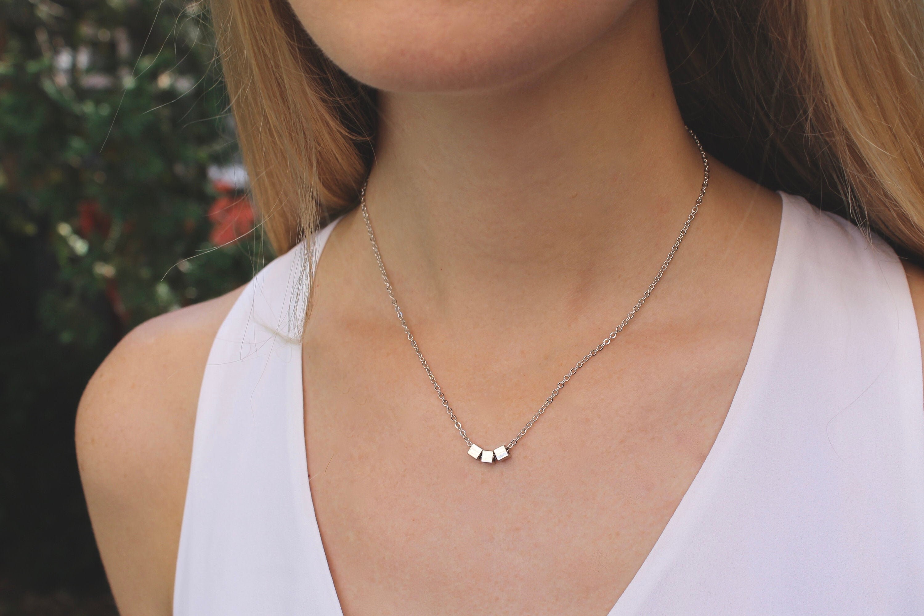 Simple Block Necklace // Silver Square Bead Necklace // Dainty | Etsy