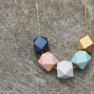 Geometric Wood Necklace // Navy Peach Mint Gold Faceted Wooden Bead ...