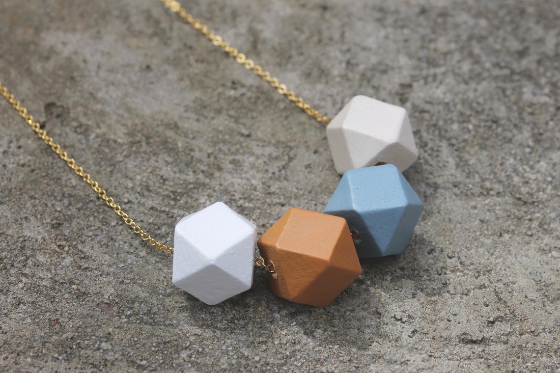 Geometric Wood Necklace // Camel Slate Blue Faceted Wooden - Etsy