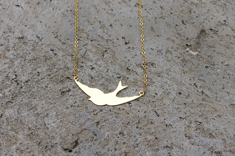 Gold Bird Necklace // Swallow Necklace // 16K Gold Necklace // Flying ...