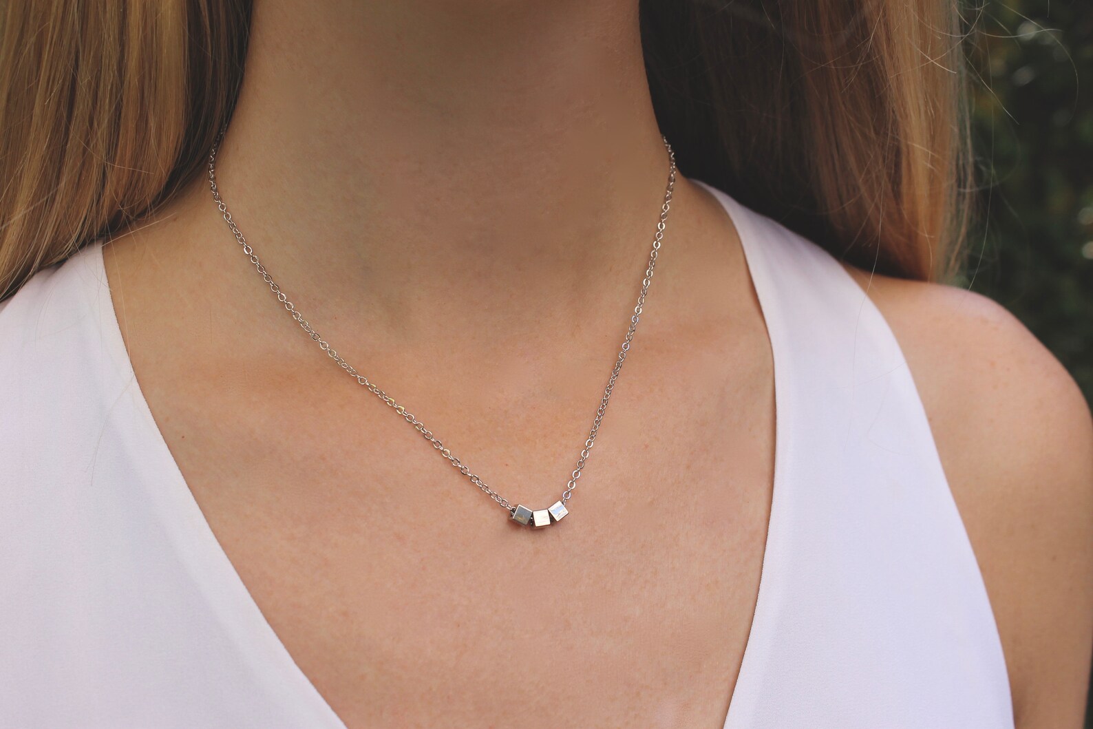 Simple Block Necklace // Silver Square Bead Necklace // Dainty | Etsy